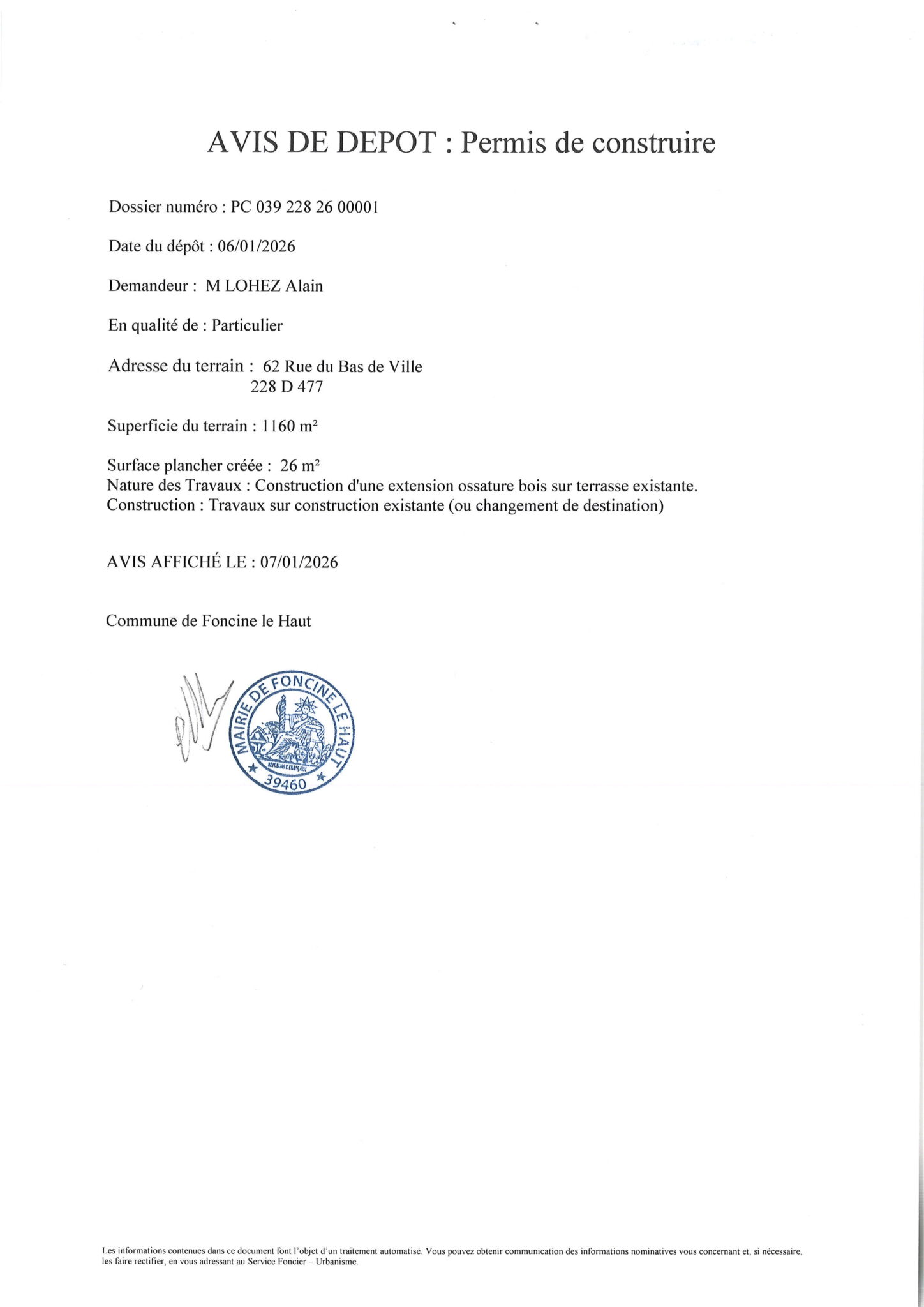 Avis de dépôt permis de construire. - Foncine-le-haut